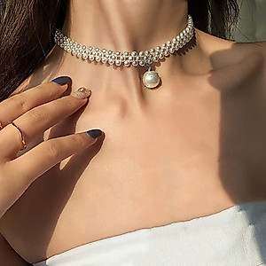 Jeairts Pearl Choker Necklace Silver Crystal Short Necklaces Row Pearl Pendant Necklace Jewelry for Women and Girls