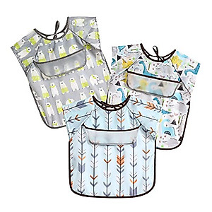 PandaEar Short Sleeve Bib 3-Pack Set| Waterproof Apron Smock Pocket and Crumb Catcher |