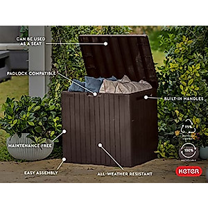 Keter City 30 Gallon Resin Deck Box for Patio Furniture, Pool Accessories, and Storage for Outdoor Toys, Brown