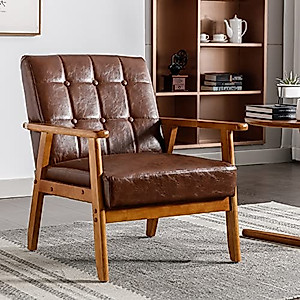 Ufurpie Mid Century Modern Arm Chair with Wood Frame,PU Leather Reading Armchair,Accent Chair for Living Room Bedroom Reading,Easy Assembly,Brown