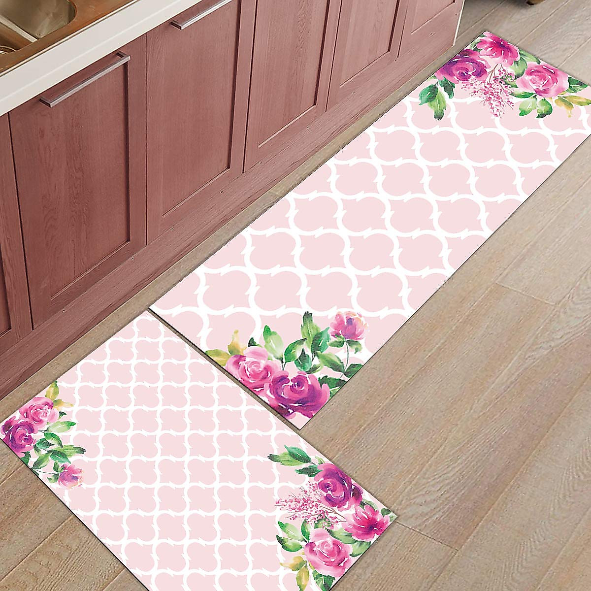 Kitchen Rug Sets 2 Piece Pink Morocco Pattern Non Slip Anti Fatigue Floor Mats Blooming Flowers Spring Comfort Soft Absorb Cushioned Standing Doormat Runner Rugs (15.7x23.6+15.7x47.2 inch)