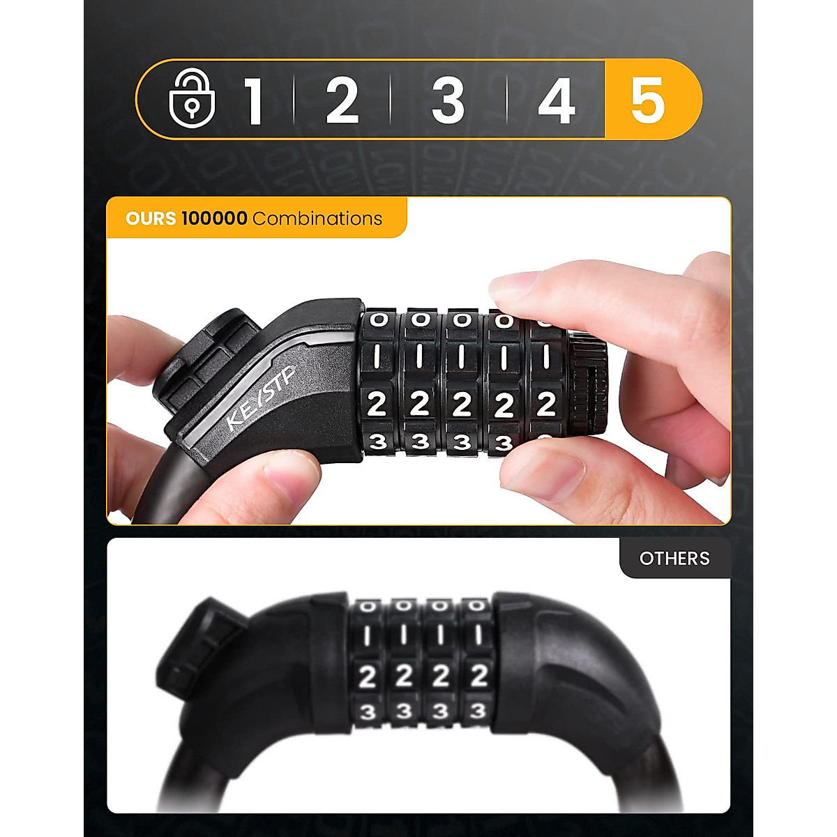 KEYSTP Bike Lock Cable with Combination,High Security 5-Digit Resettable Combination Bicycle Lock Anti-Theft, Scooter Lock with Mounting Bracket for Bikes and Scooters（Black）