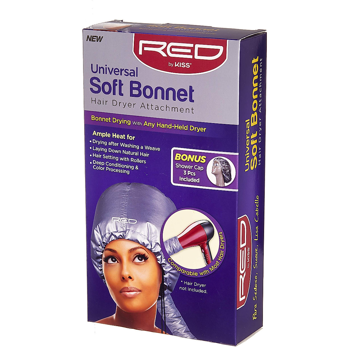 Red by KISS Universal Soft Bonnet Hair Dryer Attachment Works with ANY Hand Held Dryer Bonus 3pcs Shower Cap Included