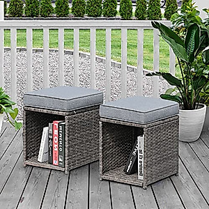 JOIVI 2 Pieces Outdoor Patio Ottoman, All Weather Rattan Wicker Ottoman Set, Outdoor Footstool Footrest Seat with Removable Cushions Storage Space, Grey
