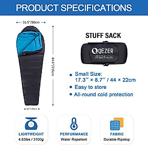QEZER 0 Degree Sleeping Bag 650 FP Down Sleeping Bag for Adults Backpacking Sleeping Bag with Compression Sack