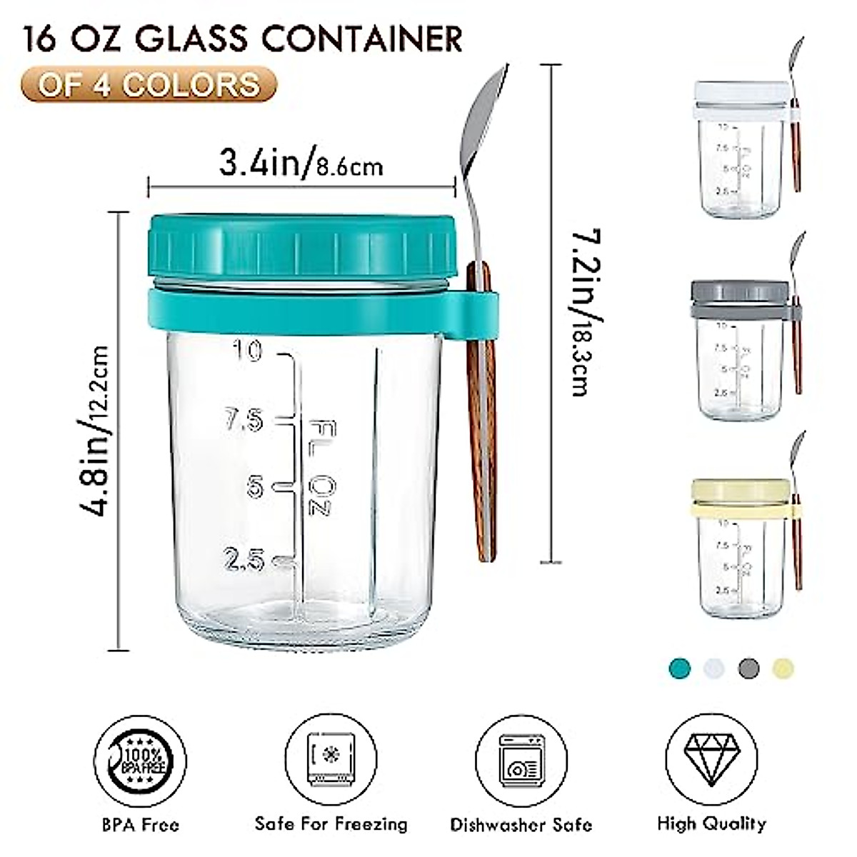 4 Pack Overnight Oats Jars, Overnight Oats Containers with Lids and Spoons, 16 Oz Glass Mason Jars for Overnight Oats Leak Proof Oatmeal Container Great for Cereal, Yogurt, Milk, Salads, Fruit