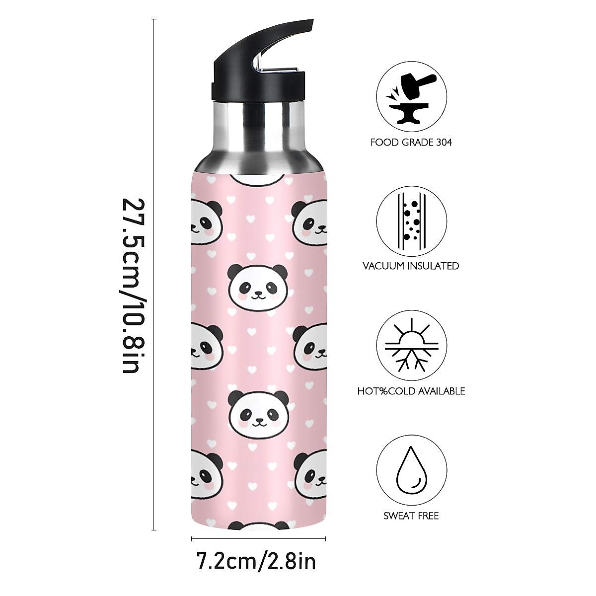 Panda Face Water Bottle Kids Stainless Steel Vacuum Insulated Water Flask Thermo Standard Mouth Bottle with Wide Handle