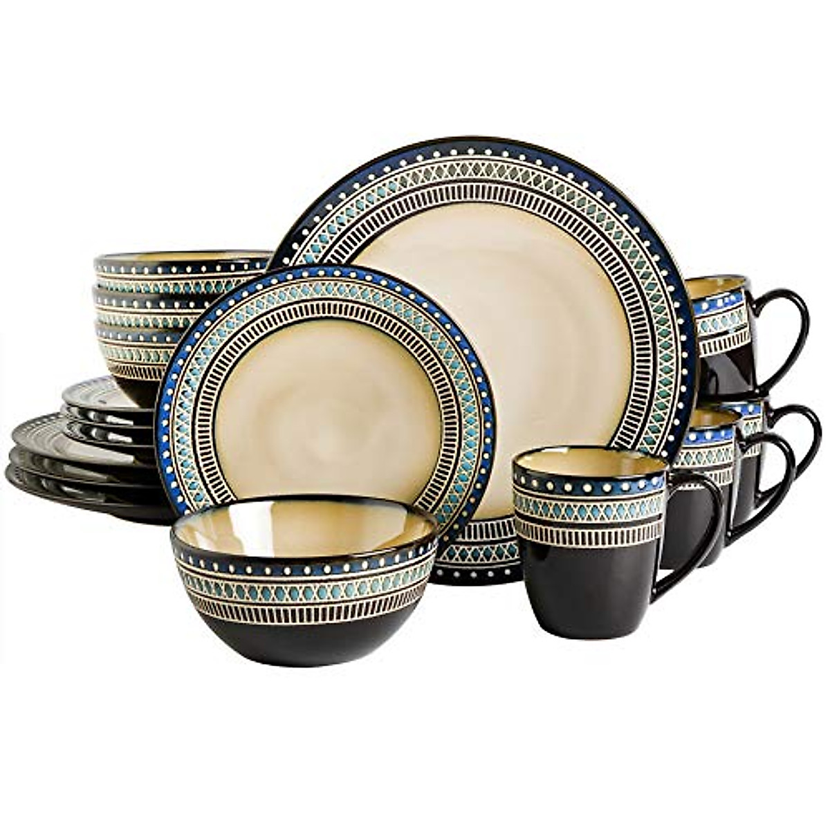 Gibson Elite Round Embossed Reactive Glaze Stoneware Dinnerware Set, Service for 4 (16pcs), Blue/Brown