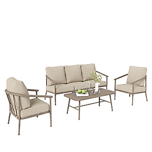 MIXPATIO Patio Furniture Set, 2 x Windsor Seating Chair, 3-Seat Sofa with Wood Grain Coffee Table, Outdoor Sofa Conversation Set for Porch, Backyard, Living Room, Garden