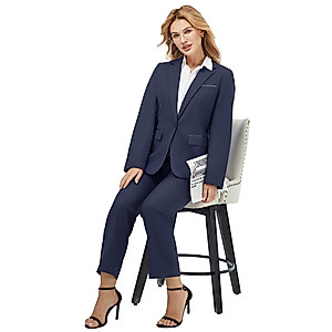 Kelyaa Women's 2 Piece Suit Notched Lapel One Button Slim Fit Business Office Work Tuxedo Blazer Pants Set Navy Blue