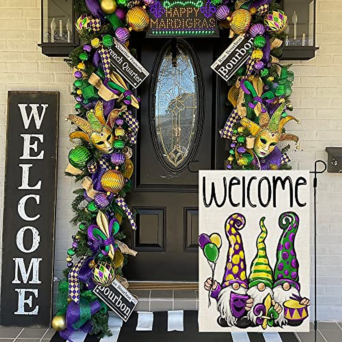 CROWNED BEAUTY Mardi Gras Gnomes Garden Flag for Outside 12x18 Inch Double Sided Small Burlap welcome Yard Outdoor New Orleans Carnival Celebration CF694-12