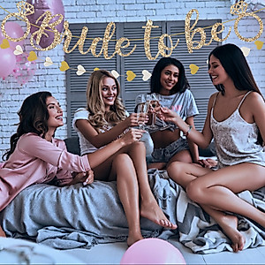 Pre-Strung Bride to Be Banner,Gold Glitter Banner Sign with 2PCS Heart Streamers Garland for Bachelorette Party Decorations, Bridal Shower Wedding Engagement Hen Party Decorations Supplies