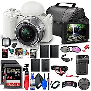 Sony ZV-E10 Mirrorless Camera with 16-50mm Lens (White) (ILCZV-E10L/W) + 4K Monitor + Pro Mic + 2 x 64GB Memory Card + Filter Kit + Corel Photo Software + Bag + 3 x NPF-W50 Battery + More (Renewed)