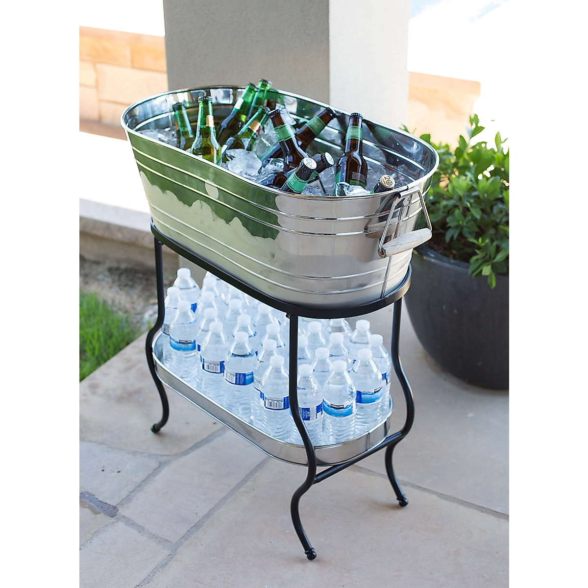BirdRock Home Stainless Steel Beverage Tub with Stand - Oval - Bottom Tray - Party Drink Holder - Wooden Handles - Outdoor or Indoor Use - Free Standing