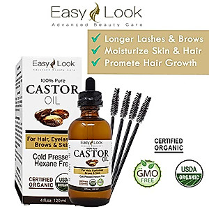 EASY LOOK Castor Oil 4oz, USDA Certified Organic 100% Pure, Stimulate Growth for Eyelashes, Eyebrows, Hair. Skin Moisturizer & Hair Treatment Starter Kit
