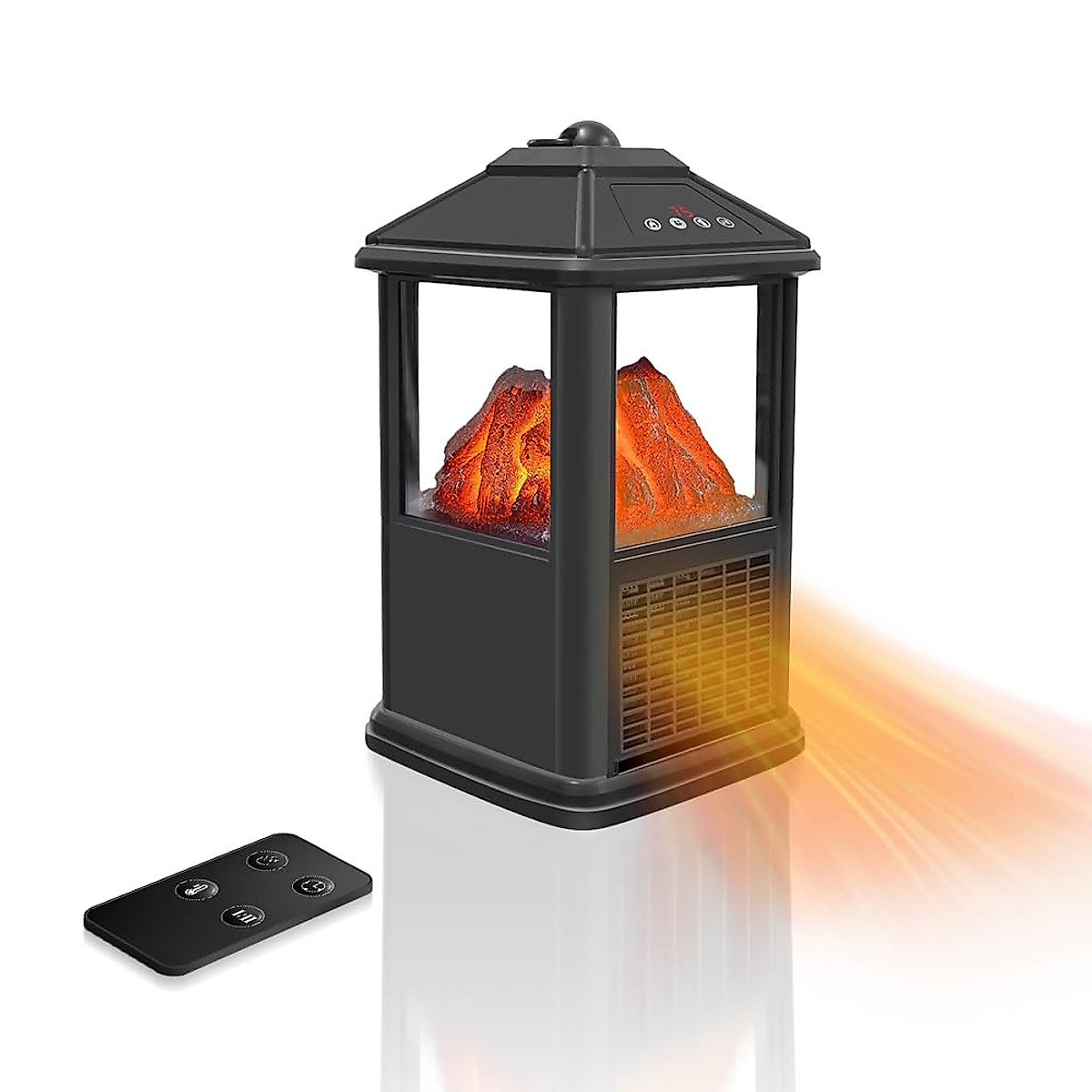 Portable Small Electric Fireplace Heater 3-Color Flame 900W Freestanding Space Heater Mini Electric Stove Heater with 4 Sided 59-90℉ Thermostat 12h-Timer Remote Control Overheat&Tip-Over Protection