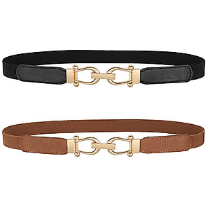 JASGOOD Women Skinny Elastic Belt for Dresses,Thin Retro Stretch Waist Belt with Golden Buckle 2 Pack,Black+Brown,Fit waist size 33-40 inch