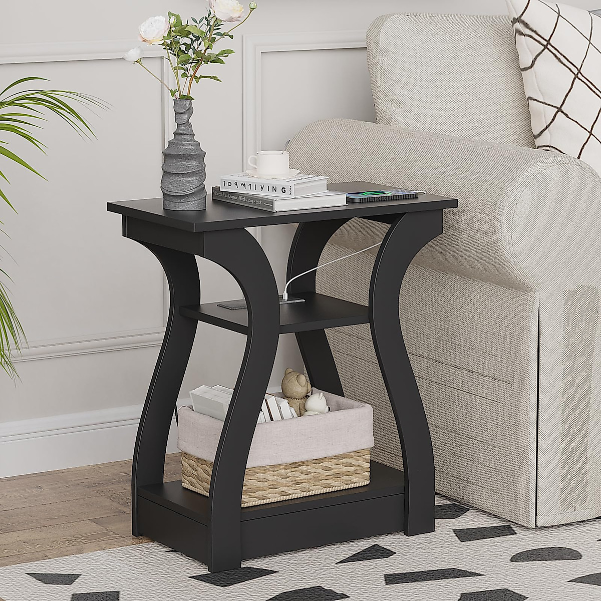 FROMJBEST End Table Set of 2 with Charging Station, Side Table with USB Ports and Outlets, Nightstand, 3 Tier End Table with Storage Shelf for Living Room, Bedroom(Black Set of 2)
