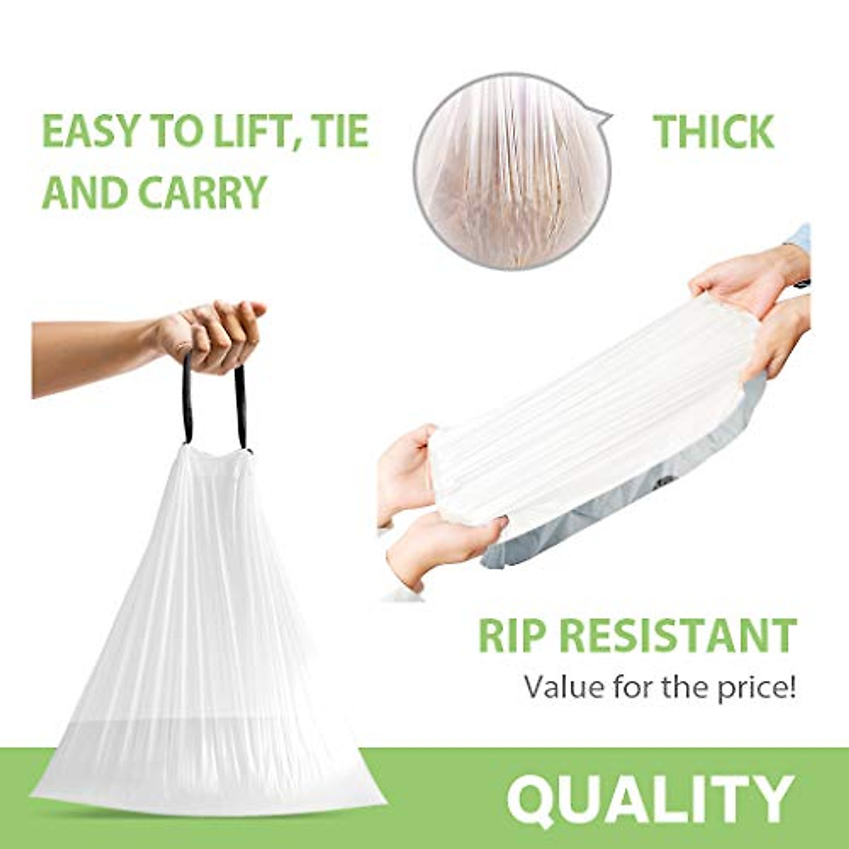 2.5 Gallon 220pcs Strong Drawstring Trash Bags Garbage Bags by Teivio, Bathroom Trash Can Bin Liners, Small Plastic Bags for Home Office Kitchen, White