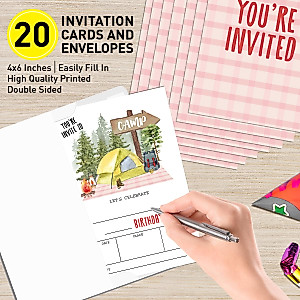 UDNADKEX Camping Birthday Invitations Girl with Envelopes, Invites for Girls Birthday Party Camp, Camp Out Birthday Party Invitations Cards, 4"x6" Set of 20, Yor're Invited to Camp