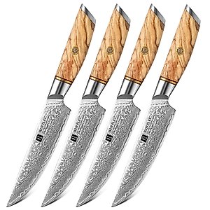 XINZUO Steak Knife Set of 4, Damascus Powder Steel Kitchen Steak Knife Set, Non Serrated Steak Knives, Razor-Sharp Dinner knives with Gift Box, Kitchen Table Knife with Olive Wood Handle-Lan Series