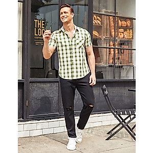 COOFANDY Men's Short Sleeve Plaid Dress Shirt Classic Fit Wrinkle-Free Casual Button Down Checked Shirts with Pocket Green, Large