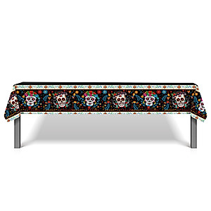 1 Pieces Day of the Dead Party Plastic Tablecloth 54 x 87 Inch Colorful Skull Long Rectangular Table Cover for Buffet, Fiesta Flowers Party Holiday Dinner, Picnic Tablecloth for Kitchen Event Use