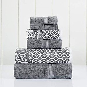 Modern Threads Trefoil Filigree 6-Piece Reversible Yarn Dyed Jacquard Towel Set - Bath Towels, Hand Towels, & Washcloths - Super Absorbent & Quick Dry - 100% Combed Cotton