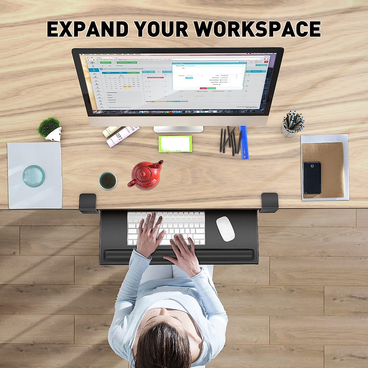 AboveTEK Large Keyboard Tray Under Desk with Wrist Rest, 26.7"×11" Ergonomic Desk Computer Keyboard Stand with Sturdy C Clamp Mount System, Slide-Out Drawer Keyboard Mouse Holder for Office(Black)