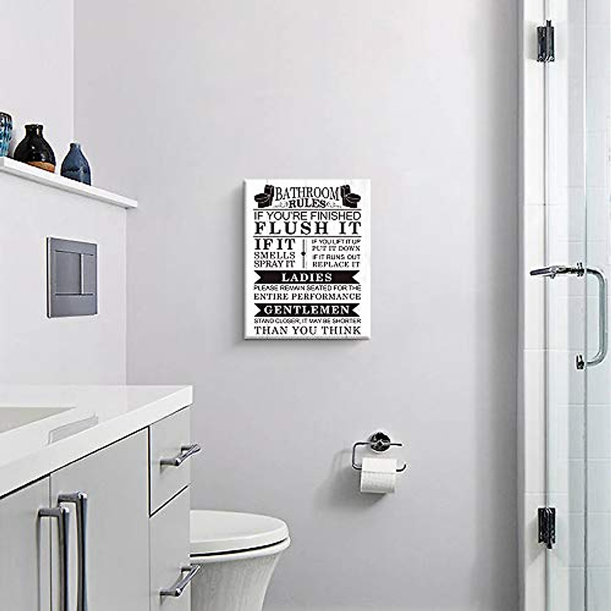 Kas Home Bathroom Canvas Wall Art | Rustic Bathroom Funny Rules Prints Signs Framed | Wood Background Bathroom Laundry Room Decor