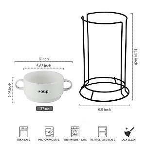 LAUCHUH Soup Bowls Porcelain Soup Crocks with Handles Stackable Soup Mugs for French Onion Bowl Set with Serving Stand 27 ounces for Salad Cereal Fruit