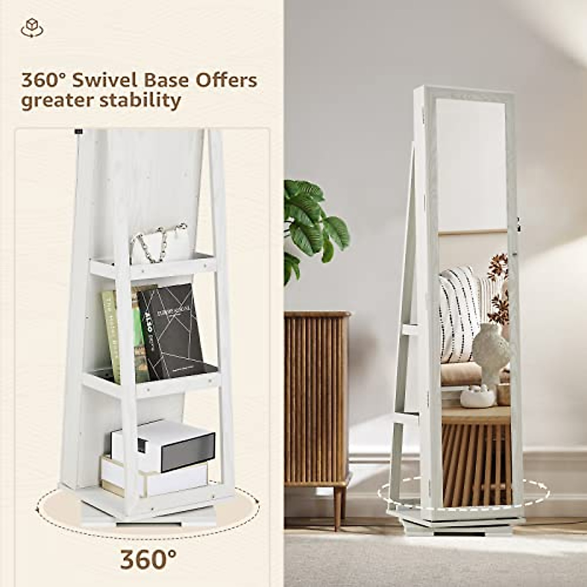 SERWALL 360 Rotating Jewelry Stand Organizer - Freestanding Dressing Mirror Jewelry Cabinet Storage - WHITE