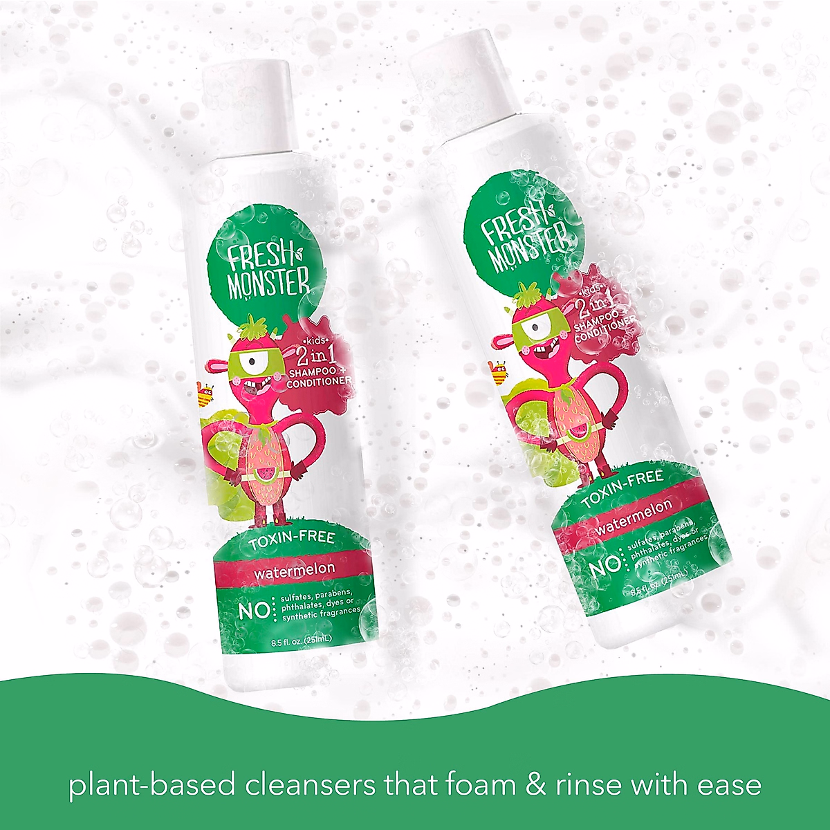 Fresh Monster 2-in-1 Kids Shampoo & Conditioner, Toxin-Free, Hypoallergenic, Tear-free Shampoo & Conditioner for Kids, Watermelon (2 Pack, 8.5oz/each)
