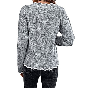 SweatyRocks Women's Long Sleeve V Neck Ribbed Knit Top Scallop Trim Drop Shoulder Pullover Sweater Light Grey M