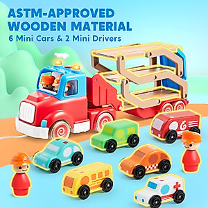 JOYIN Wooden Carrier Truck for Boys - 9 in 1 Foldable Track Carrier Truck Set, 1 Transport Toy Truck with 6 Wooden Cars, 2 Action Figures, 3 Layer Transformable Carriage Set, Toy Cars for Toddlers
