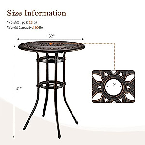 VINGLI Outdoor Bar Table, Bar Height Patio Table with Umbrella Hole Patio Dining Table, Cast Aluminum Tall Outdoor Table Bistro Table Outdoor Furniture Garden Table (32" Diax41 H)