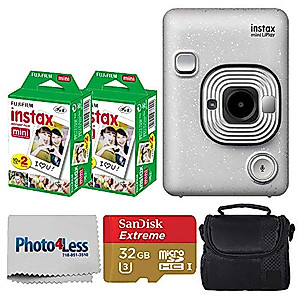 Fujifilm Instax Mini LiPlay Hybrid Instant Camera (Stone White) + Fujifilm Instax Instant Film (40 Shots) + 32GB mciroSDHC Memory Card + Camera/Video Case + Photo4Less Cleaning Cloth – Deluxe Bundle