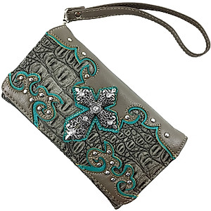 Justin West Western Tooled Croc Animal Faux Leather Silver Rhinestone Cross Studded Wristlet Trifold Wallet Attachable Long Strap (Pewter)