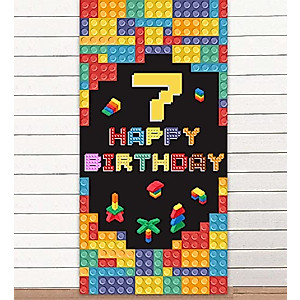 Colorful Building Blocks Happy 7th Birthday Banner Backdrop Background Construction Toys Bricks Blocks Theme Decor for Boy 7th Birthday Party Favors Supplies Decorations