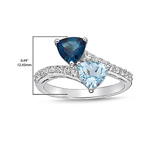 .925 Sterling Silver, Trillion Cut Swiss Blue Topaz and London Blue Topaz & Lab Grown White Sapphire Tonal Bypass Style Engagement Ring - Size 6