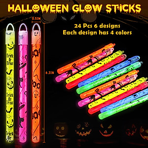 24 Pcs Halloween Party Favors Glow Stick with Gift Cards,Halloween Light Up Toys Bulk Hanging Wands,Halloween Decoration Goodie Bags Fillers Basket Stuffers Classroom Prizes for Kids Trick or Treats