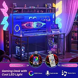 armocity 2024 Upgrade Gaming Desk with Hutch, 55.2'' Magic Computer Desk with LED and Outlets, Reversible Workstation Desk with Pegboard, Grey/Black