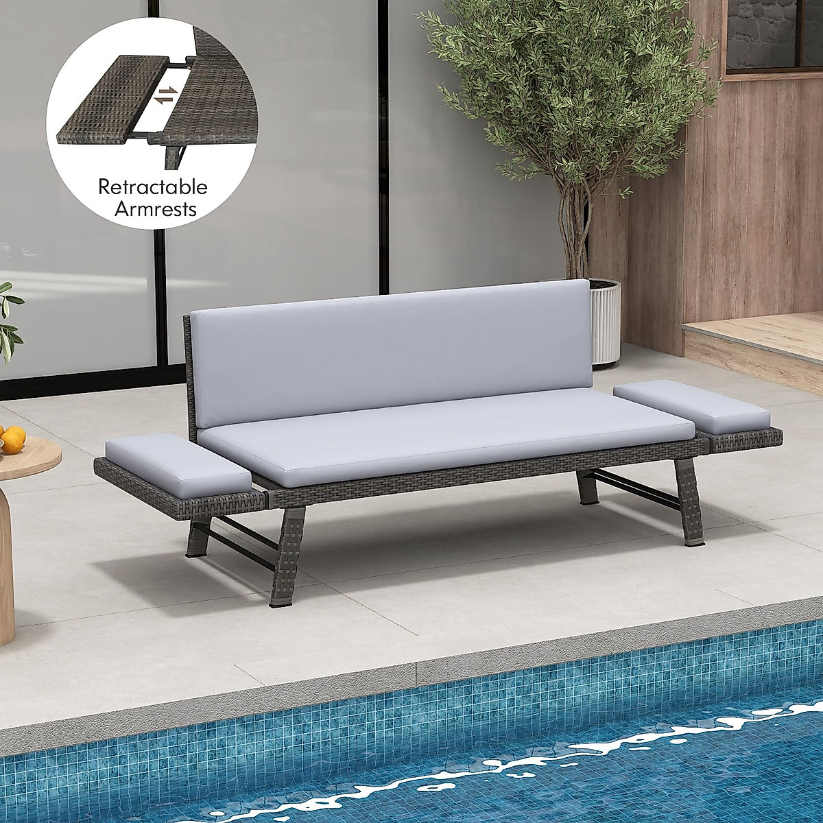 Tangkula Outdoor Convertible Sofa Daybed with Adjustable Armrests, PE Rattan Patio Couch Furniture with Thick Cushions, for Porch, Balcony, Backyard, Poolside (Gray)