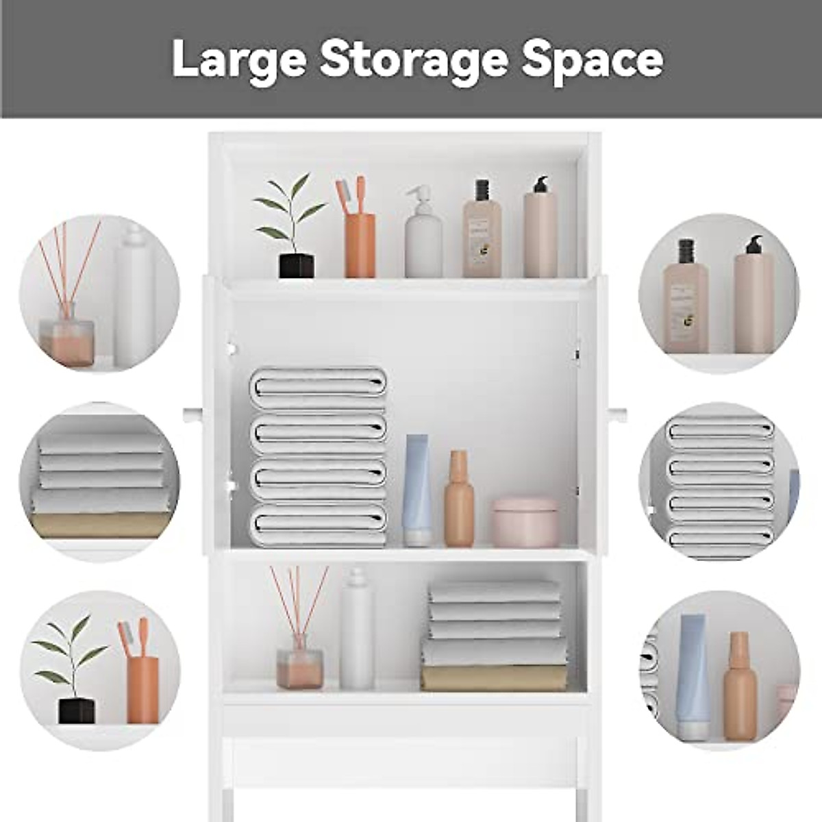 Hayiodda Over The Toilet Storage Cabinet, Double Door Bathroom Organizer Toilet Cabinet with Open Shelf, 76.77" H, White