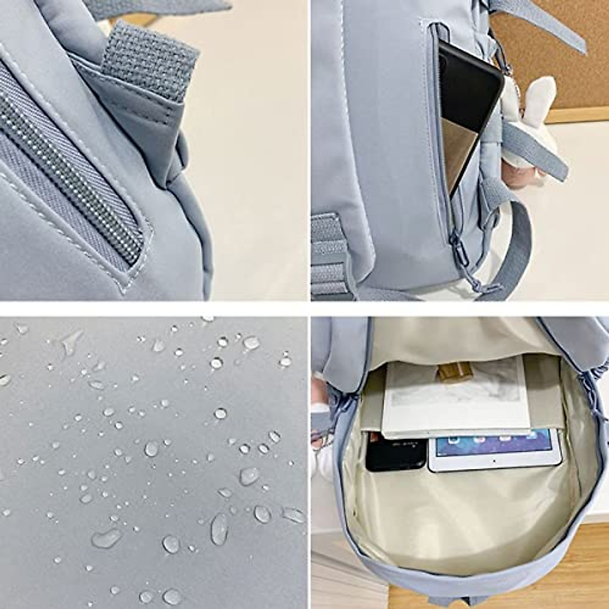 KOWVOWZ Kawaii Backpack for Teen Girls Aesthetic Student Bookbags with Cute pin and rabbit pendant harajuku school nylon waterproof (blue)