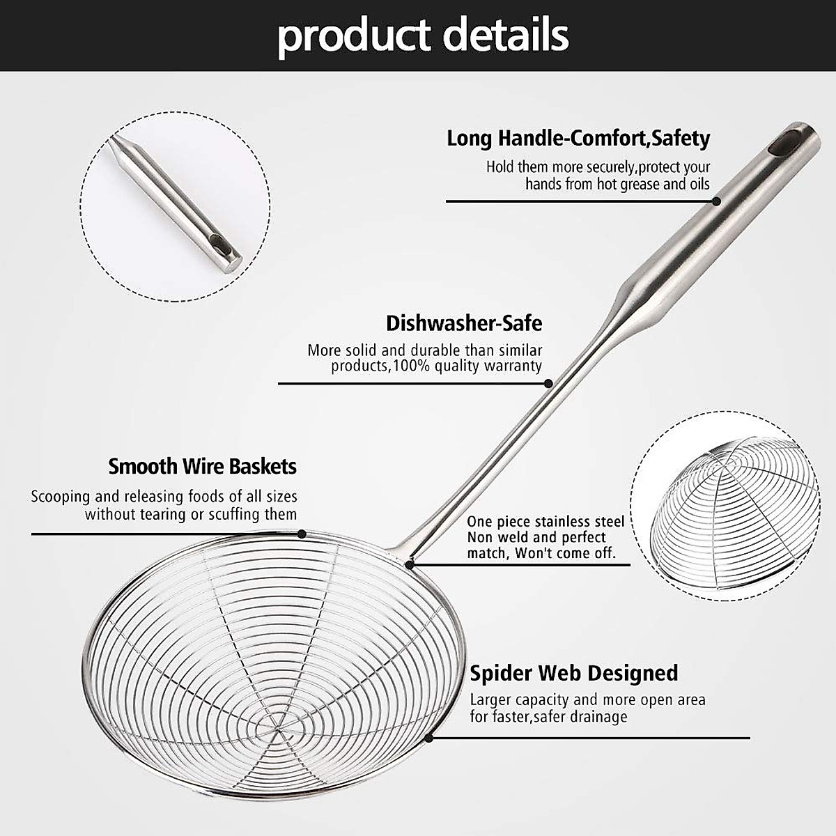 Xingmin Spider Strainer Skimmer Ladle Stainless Steel Aasian Metal Frying Basket With Long Handle Large Spoon Food Japanese Pasta Kitchen Oil Solid Professional Mesh Wire 5 Inch