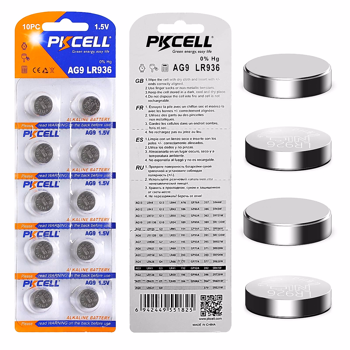 PKCELL LR936 Batteries LR45 1.5V AG9 Battery G9 194 394 Button Cell Watch Batteries 20Pcs