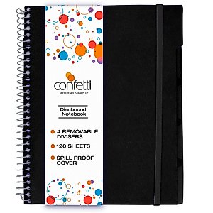 Confetti Spiral Notebook - Hole Punched - 4 Removable Dividers, Spill Proof Cover, Closing Elastic Band, Storage Pocket - Sturdy Bound Notepad, School & Office Supplies - 120 Sheets - Black