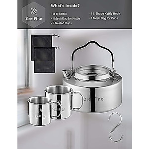 CretFine 304 Stainless Steel Camping Tea Kettle with Stackable Cups and Portable Bag, Anti-scalding Open Campfire Coffee Tea Pot, 1.1 Qt