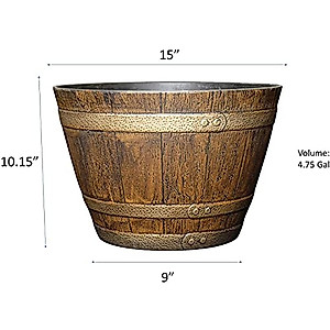 Classic Home and Garden Whiskey Plastic Resin Flower Pot Barrel Planter, 15", Oak Brown (2 Pack)